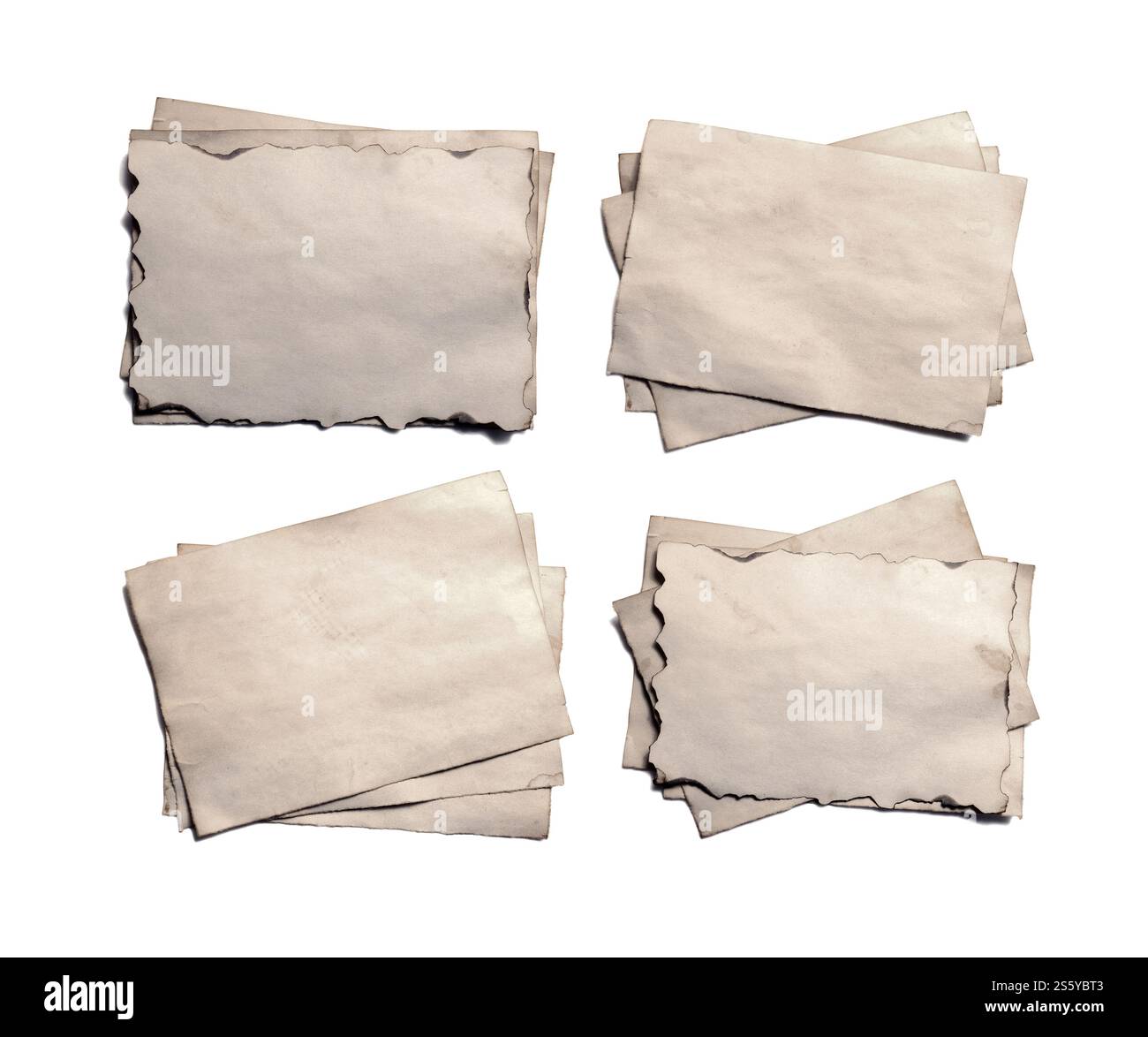 Set of old blank pieces of antique vintage crumbling paper manuscript ...