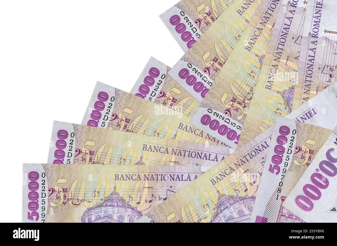 50000 Romanian leu bills lies in different order isolated on white ...