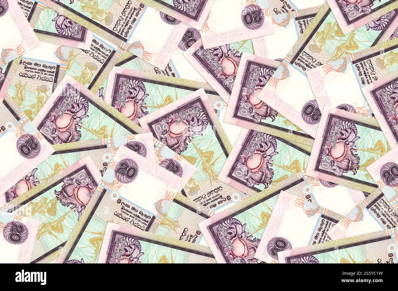 20 Sri Lankan rupees bills lies in big pile. Rich life conceptual ...