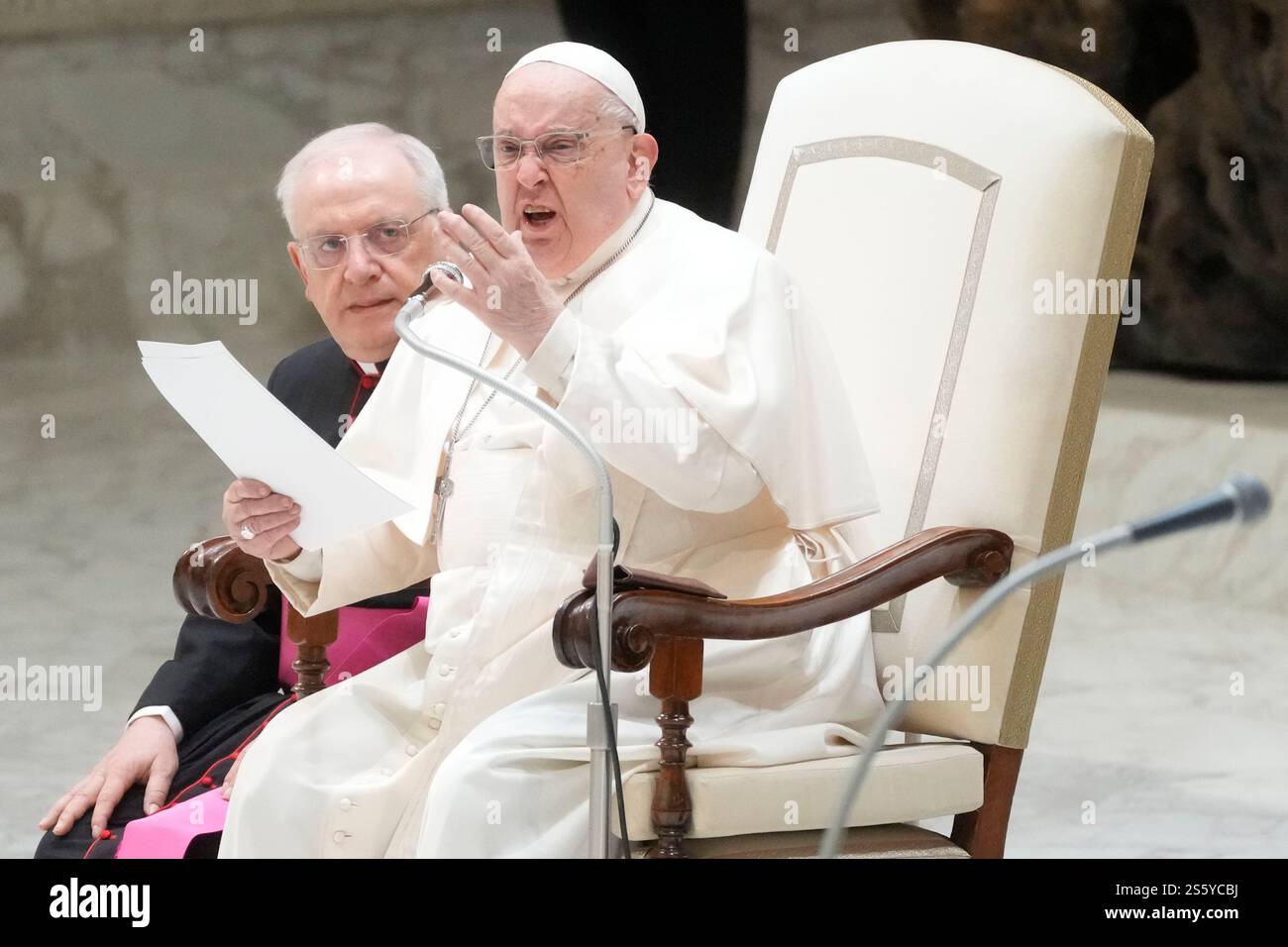 Pope Francis delivers his message during the weekly general audience at ...