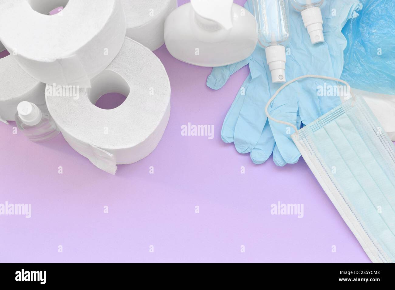 Set of important items for Covid-19 quarantine times. Toilet paper ...