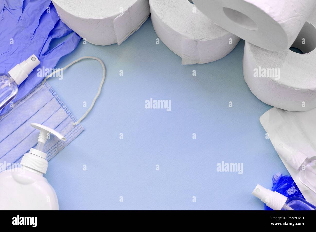 Set of important items for Covid-19 quarantine times. Toilet paper ...