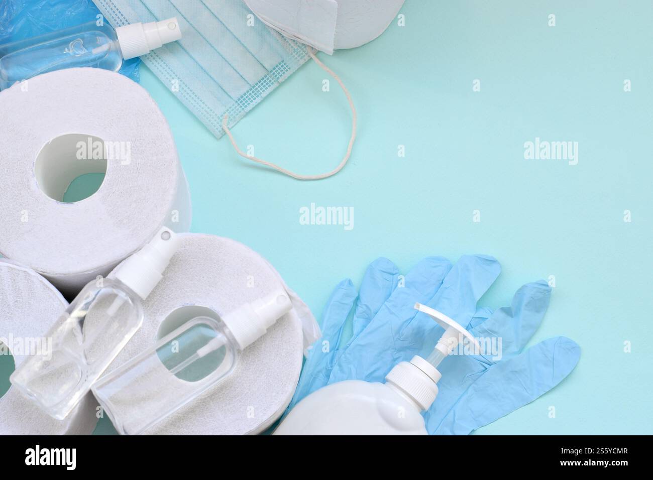 Set of important items for Covid-19 quarantine times. Toilet paper ...