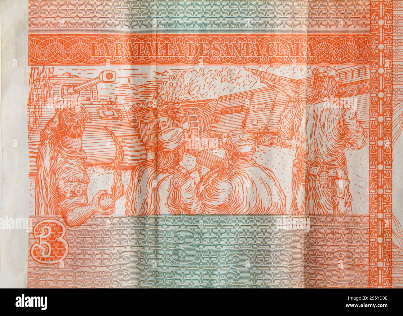 Santa Clara battle on cuban banknote of orange three pesos convertibles ...