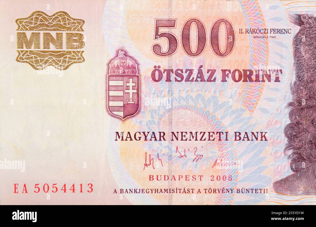 Part of purple Hungary 500 Forint 1993 Banknotes fragment close up ...