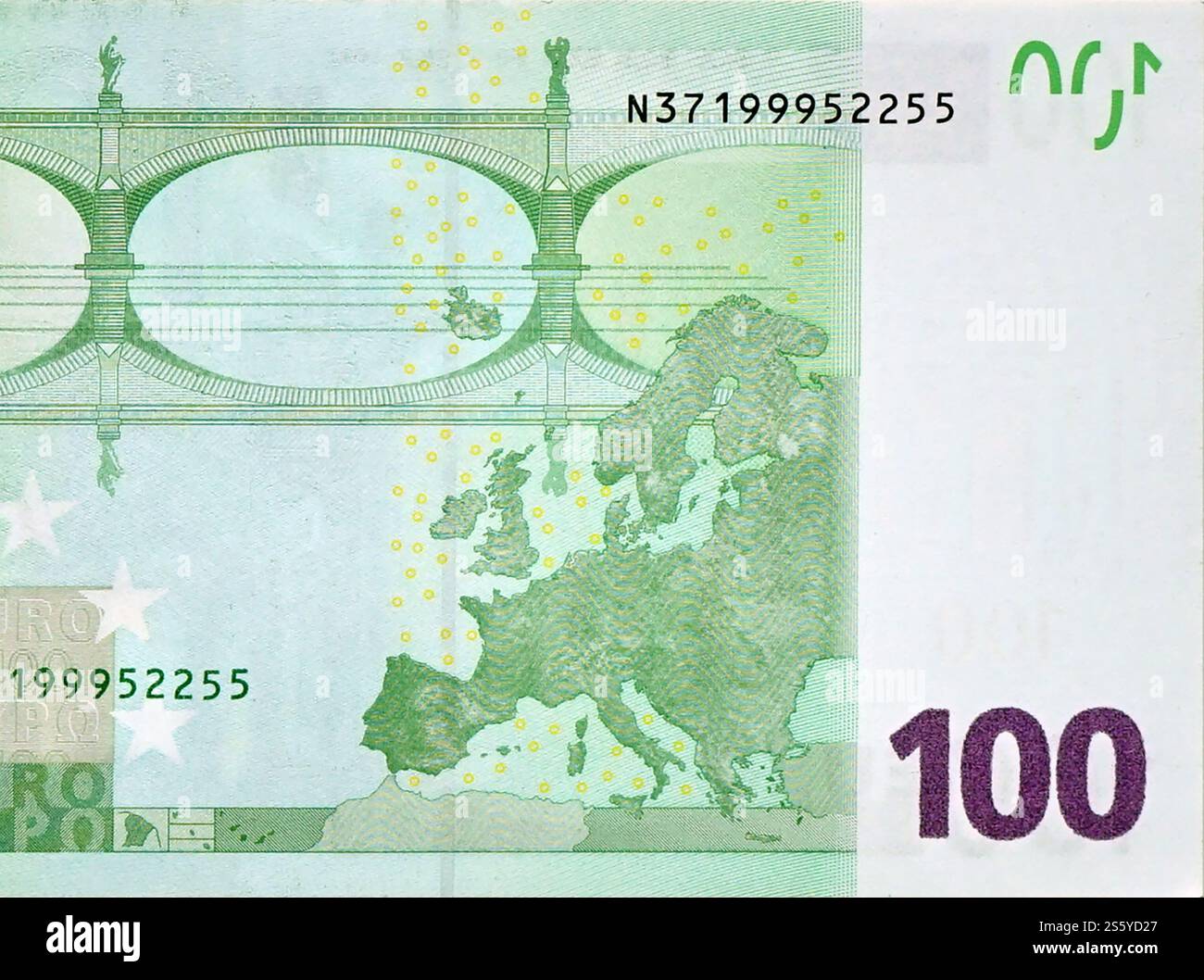 Rear part of 100 euro banknote close-up with small green details ...