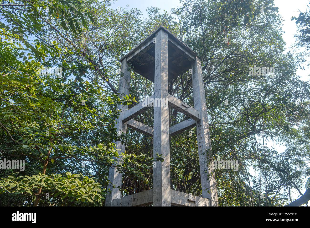 an unused water tower among the shady trees in the middle of the forest ...