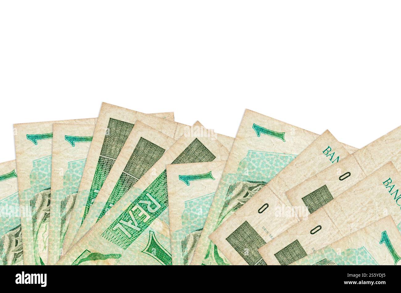 1 Brazilian real bills lies on bottom side of screen isolated on white ...