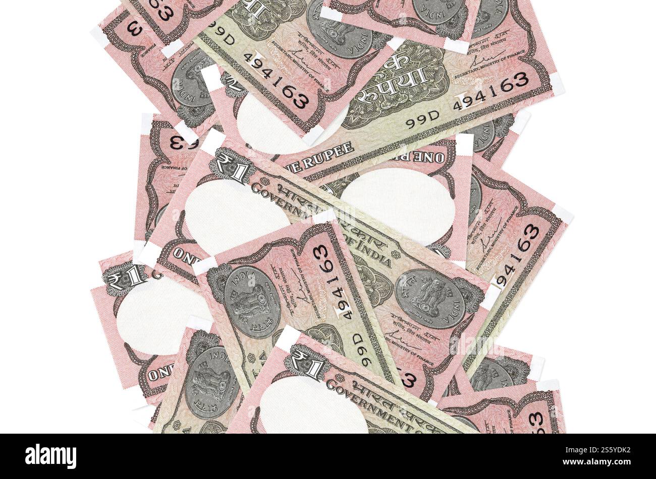 1 Indian rupee bills flying down isolated on white. Many banknotes ...