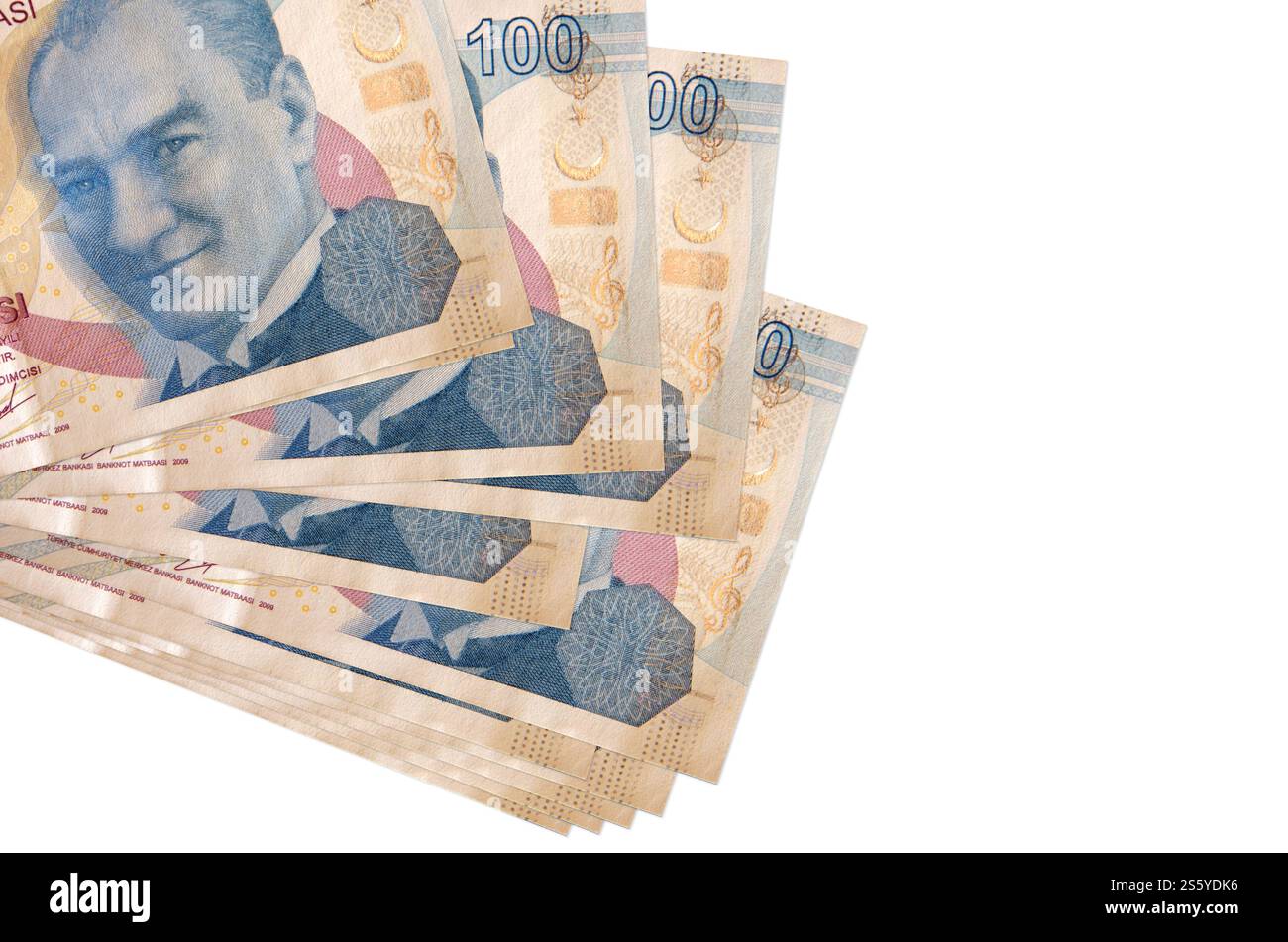 100 Turkish liras bills lies in small bunch or pack isolated on white ...