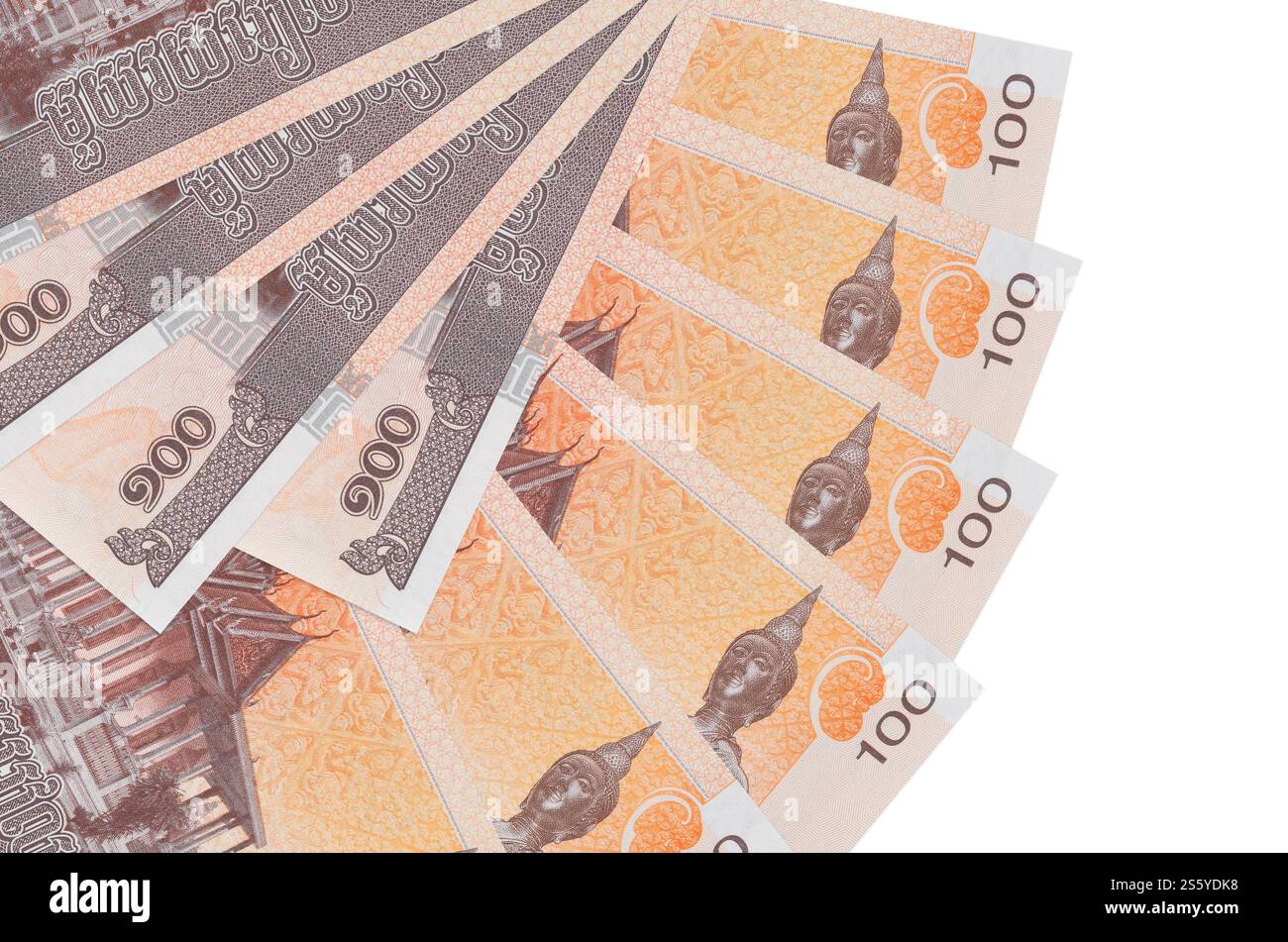 100 Cambodian riels bills lies isolated on white background with copy ...