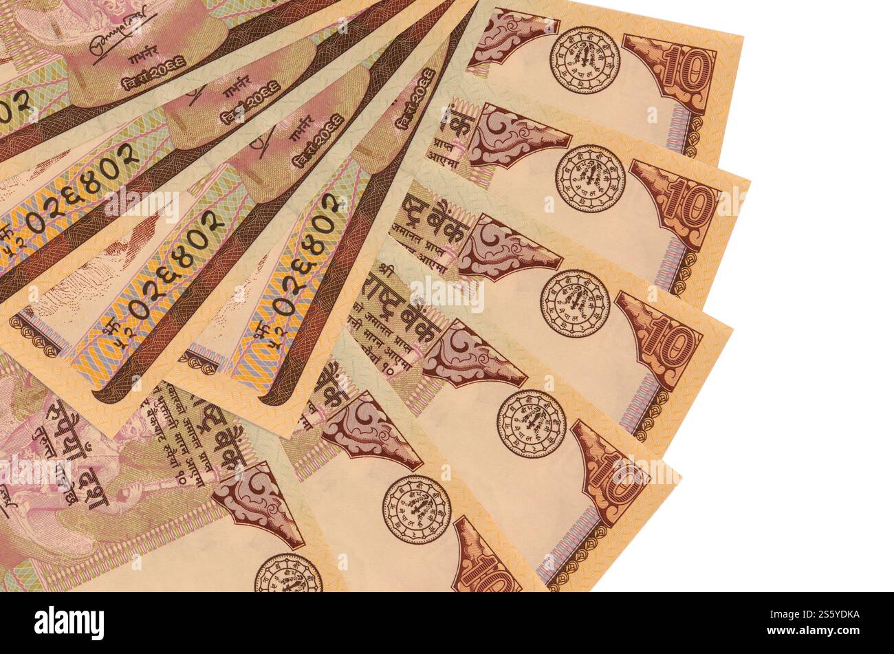 10 Nepalese rupees bills lies isolated on white background with copy ...