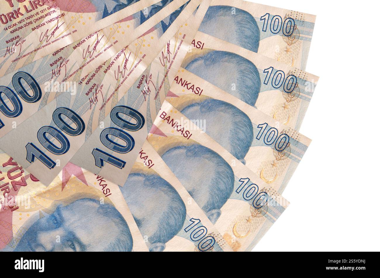 100 Turkish liras bills lies isolated on white background with copy ...