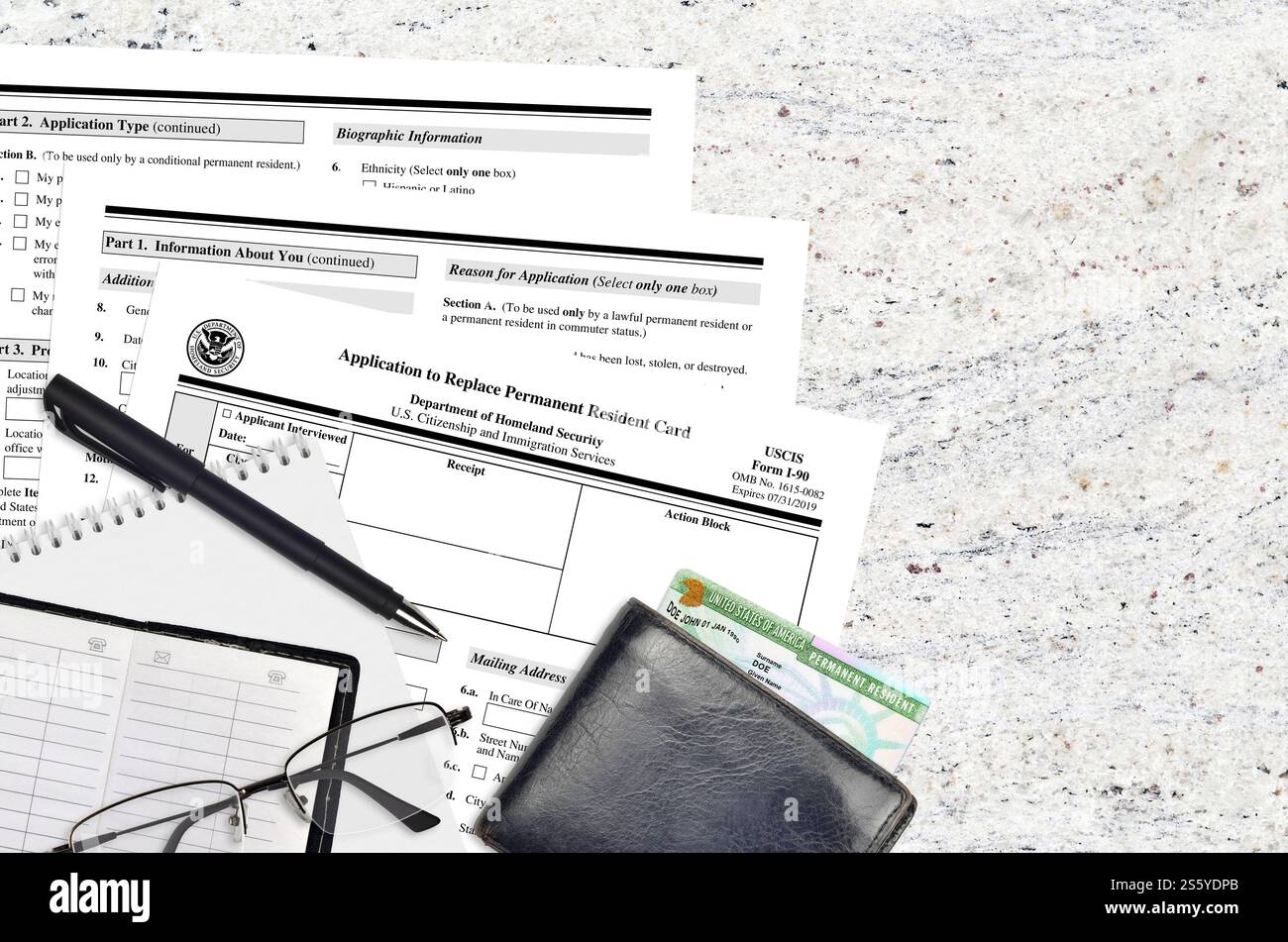 USCIS form I-90 Application to replace permanent resident card lies on ...