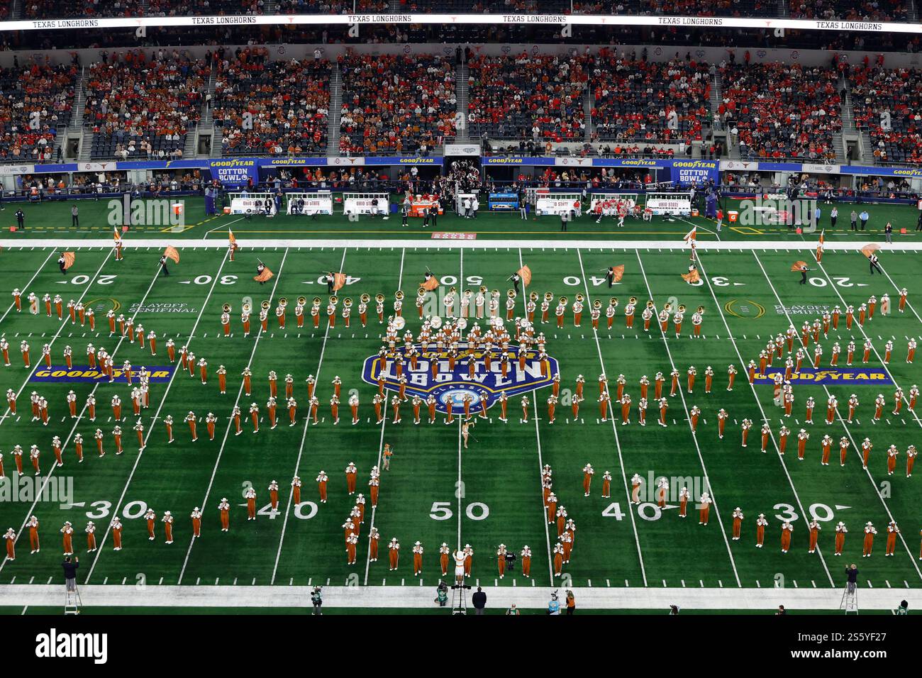 The University of Texas marching band in general view from the upper ...