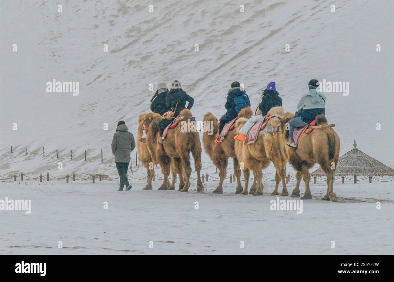 Tourists admire the snow scenery of the Mingsha Mountain and Yueya ...