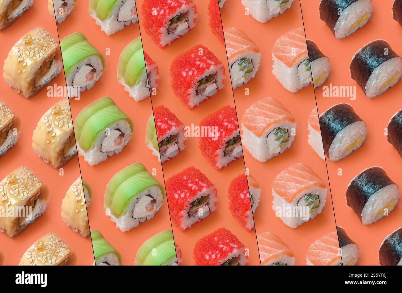 Collage with Different types of asian sushi rolls on orange background ...