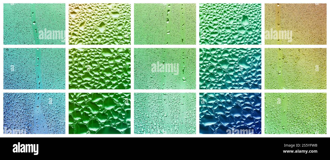 A collage of many different fragments of glass, decorated with rain ...