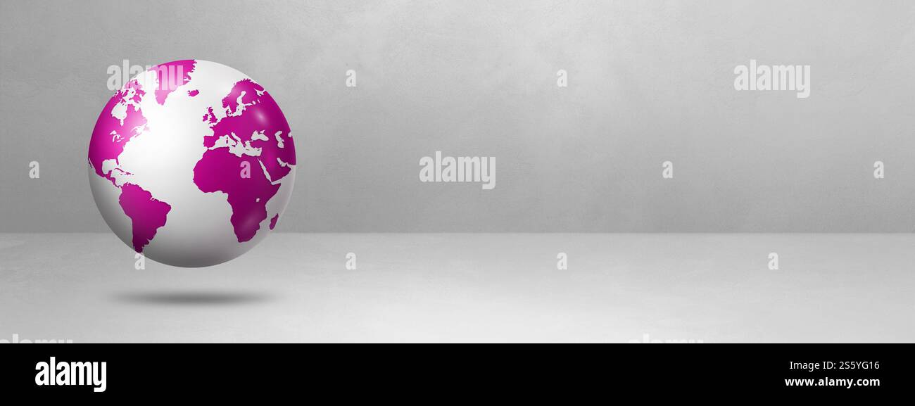 World globe, pink earth map, floating over a white background. 3D ...
