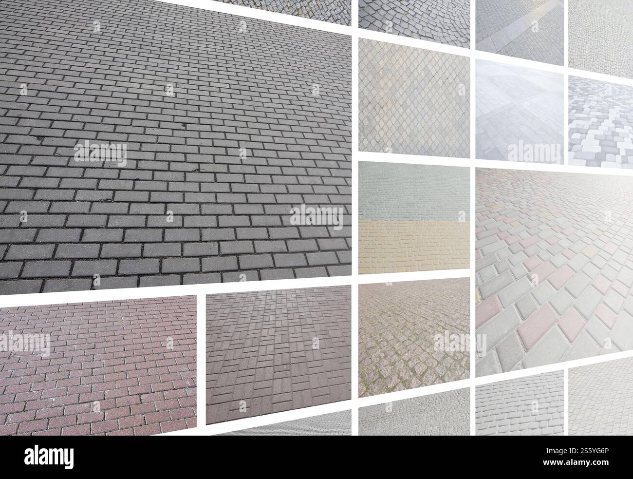 A collage of many pictures with fragments of paving tiles close-up. Set ...