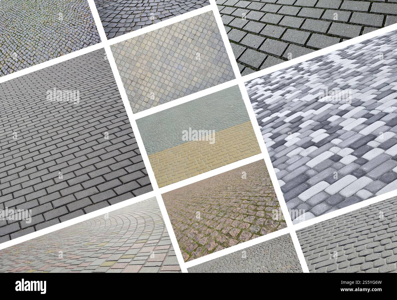 A collage of many pictures with fragments of paving tiles close-up. Set ...