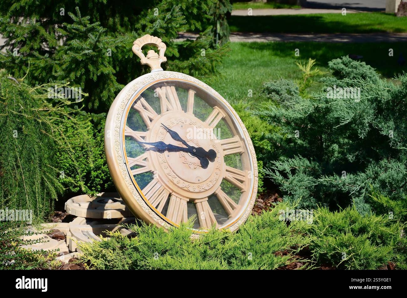 Street clock in a park under branches of trees covered with green ...
