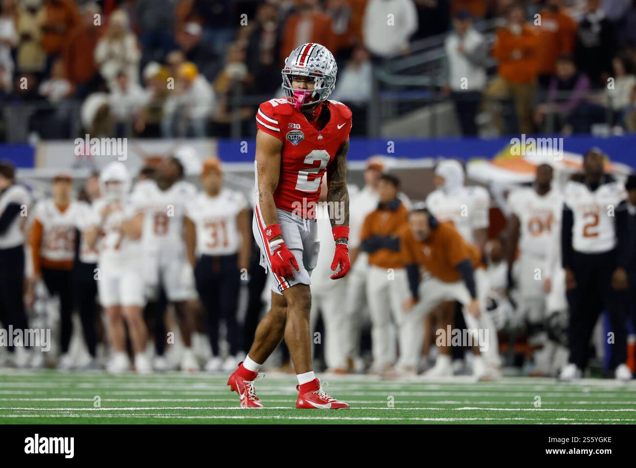 Ohio State wide receiver Emeka Egbuka (2) lines up for the snap during the Cotton Bowl between ...