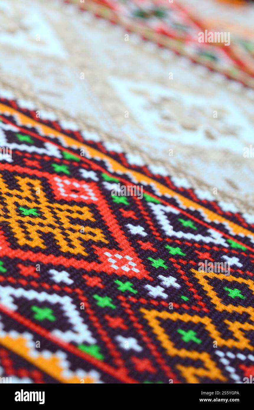Traditional Ukrainian folk art knitted embroidery pattern on textile ...