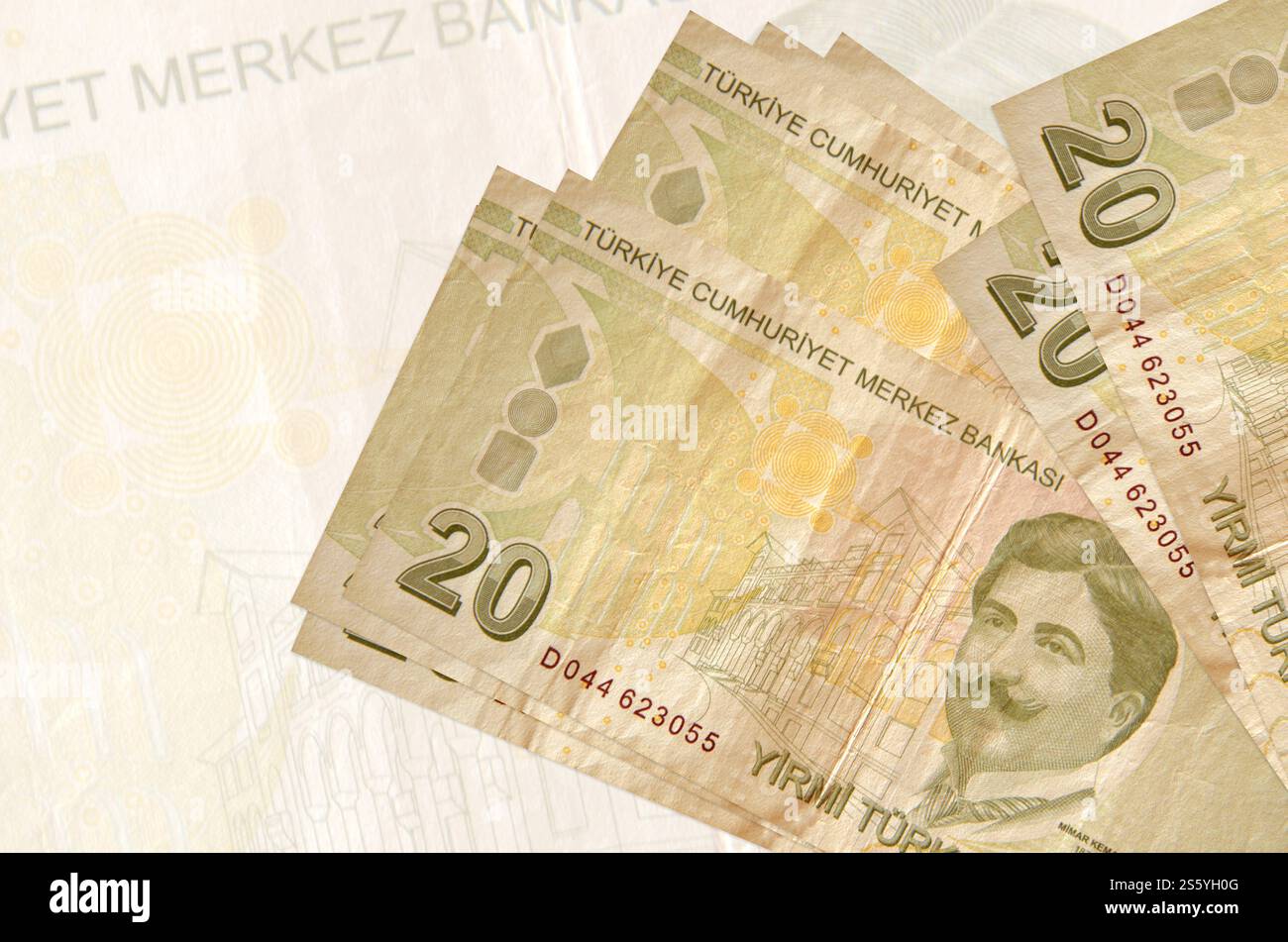 20 Turkish liras bills lies in stack on background of big semi ...