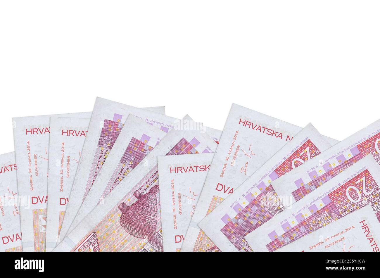 20 Croatian kuna bills lies on bottom side of screen isolated on white ...