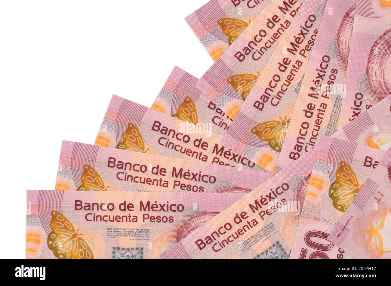 50 Mexican pesos bills lies in different order isolated on white. Local ...