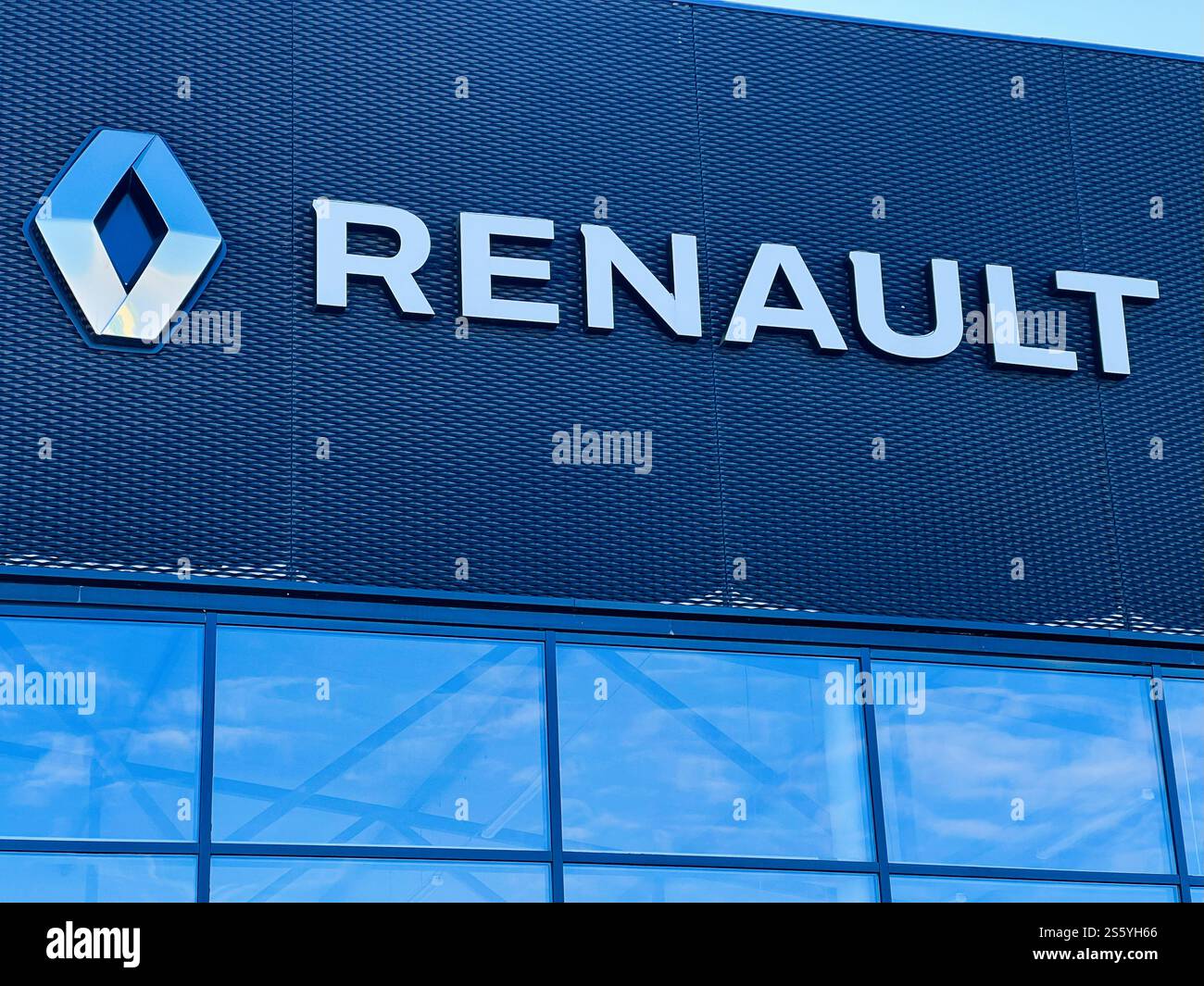 Kyiv, Ukraine - January 14, 2025: Front view of the Renault logo on the ...