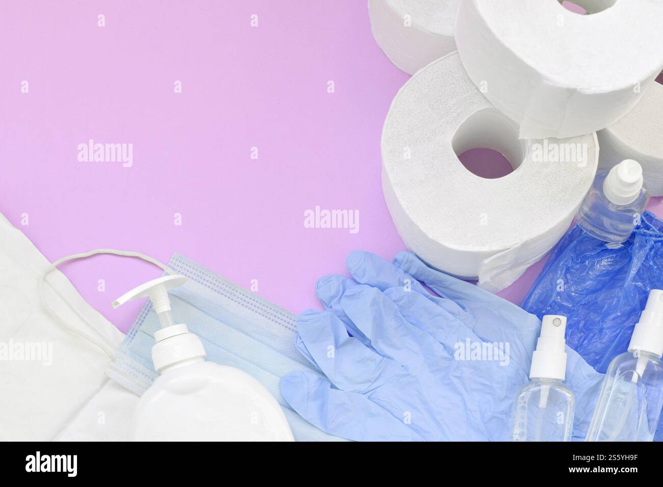 Set of important items for Covid-19 quarantine times. Toilet paper ...