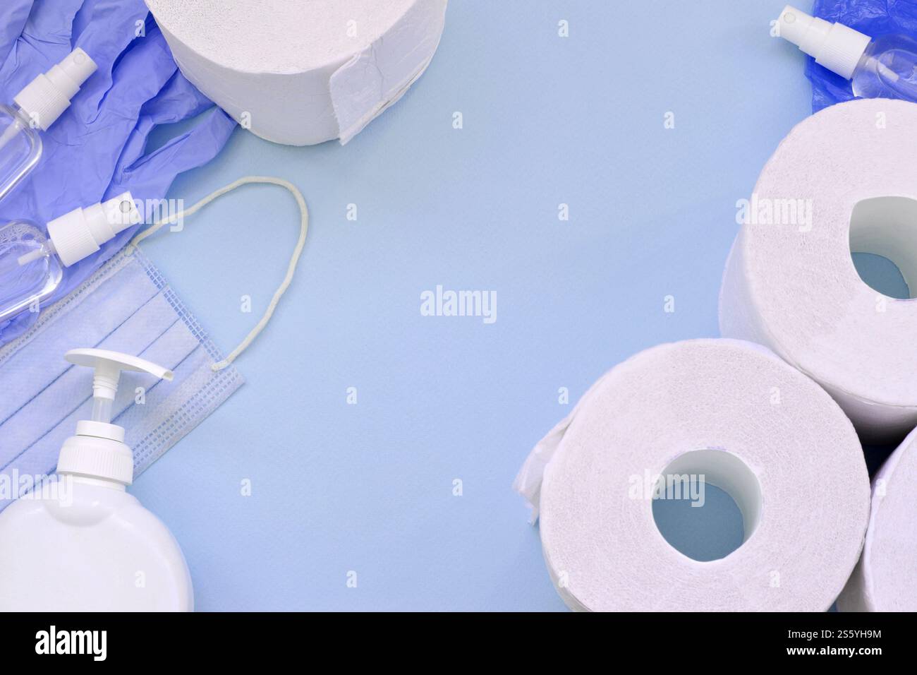 Set of important items for Covid-19 quarantine times. Toilet paper ...