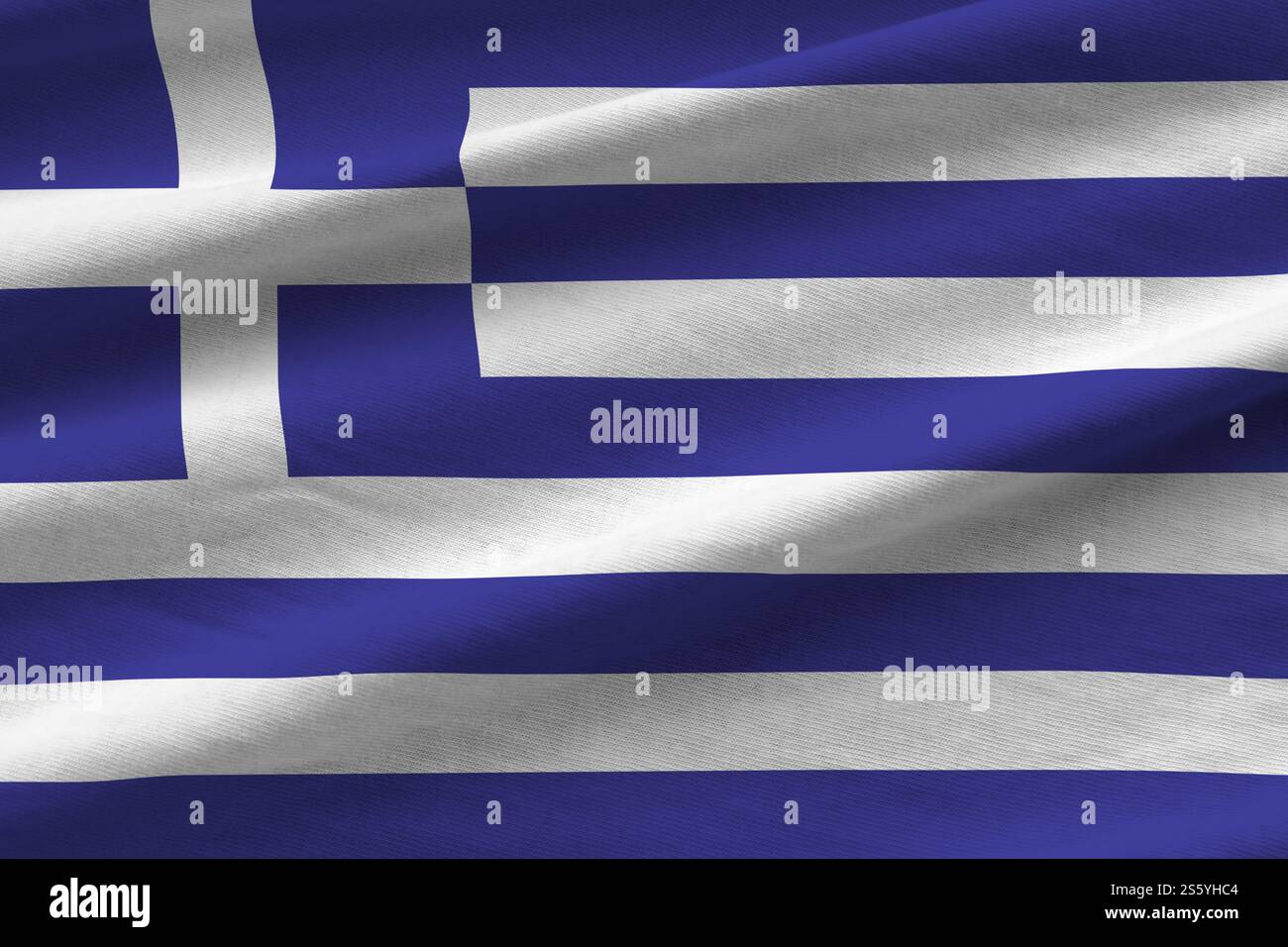 Greece flag with big folds waving close up under the studio light ...