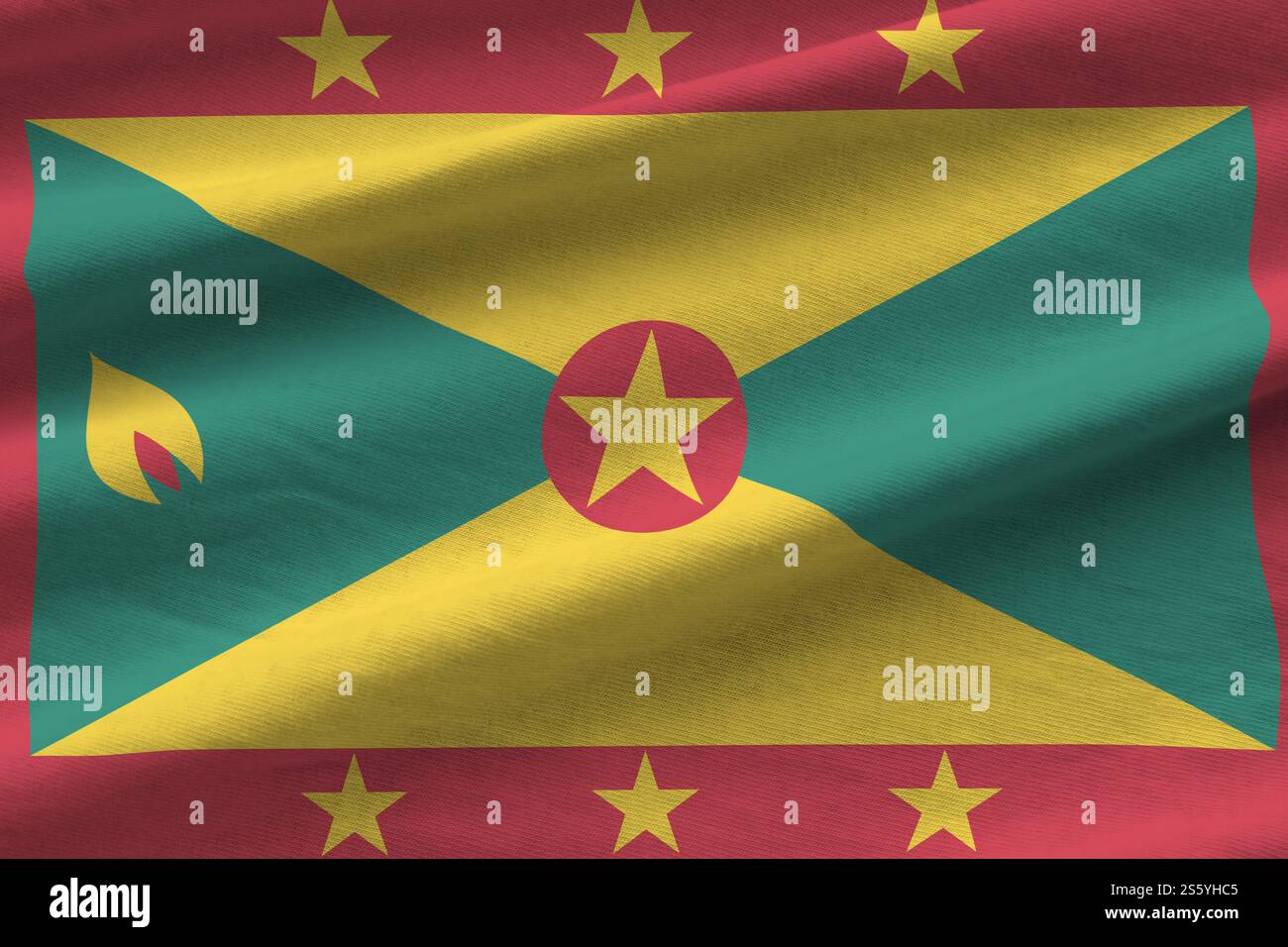 Grenada flag with big folds waving close up under the studio light ...