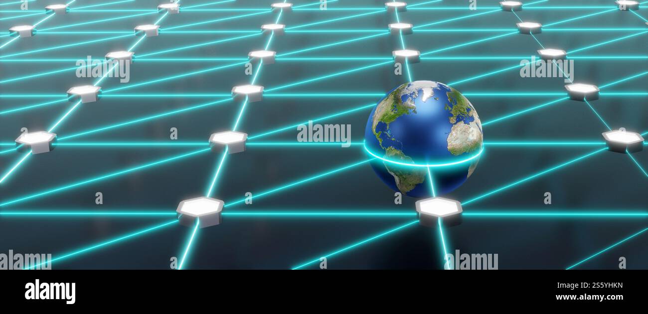 network route through Earth Globe, abstract banner of worldwide ...
