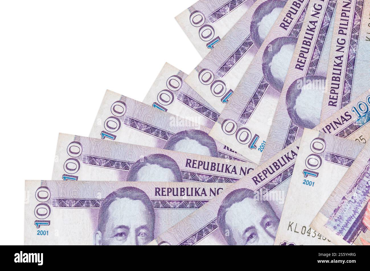 100 Philippine piso bills lies in different order isolated on white ...