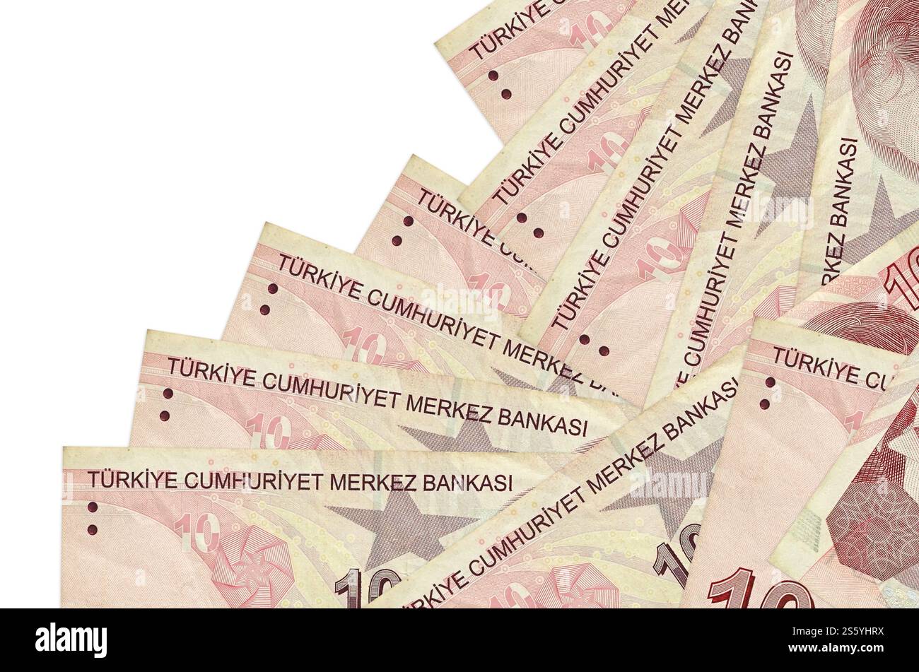 10 Turkish liras bills lies in different order isolated on white. Local ...