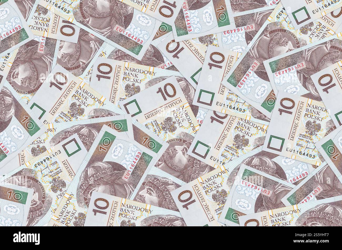 10 Polish zloty bills lies in big pile. Rich life conceptual background ...