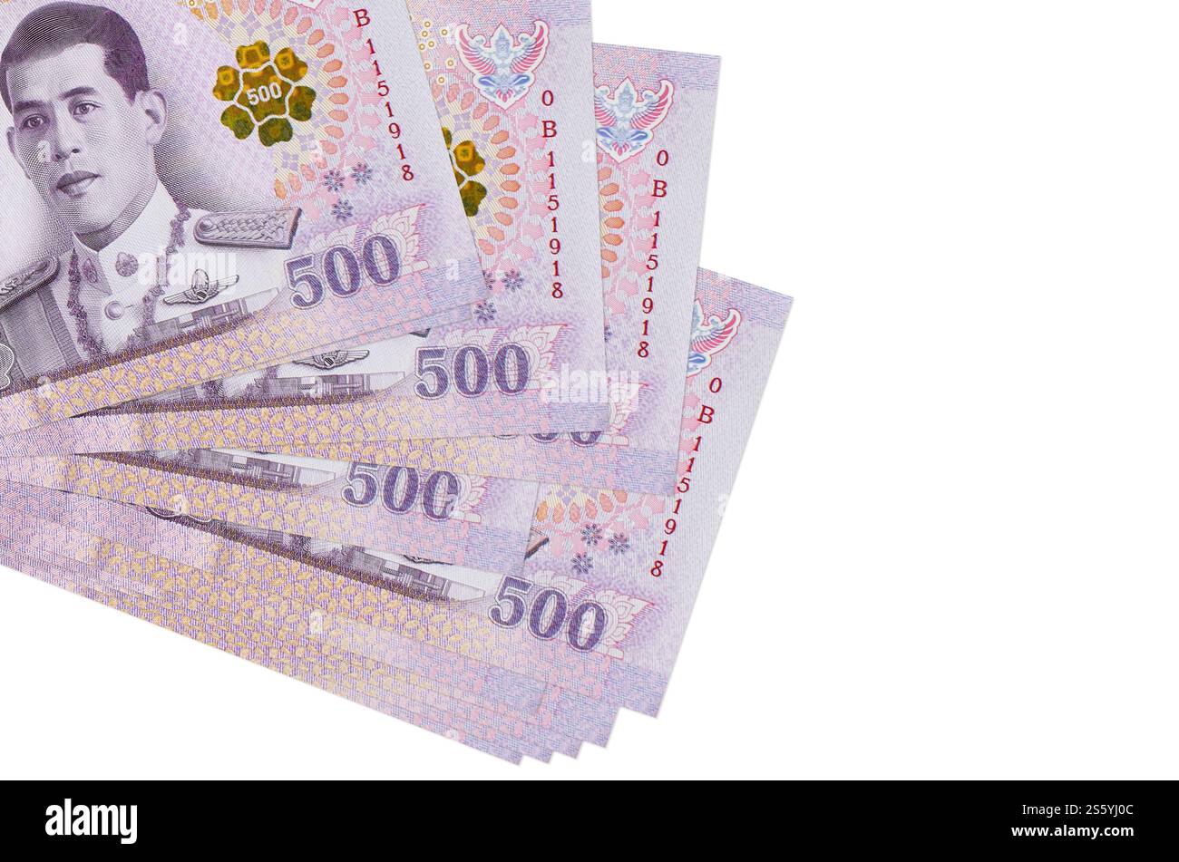 500 Thai baht bills lies in small bunch or pack isolated on white ...