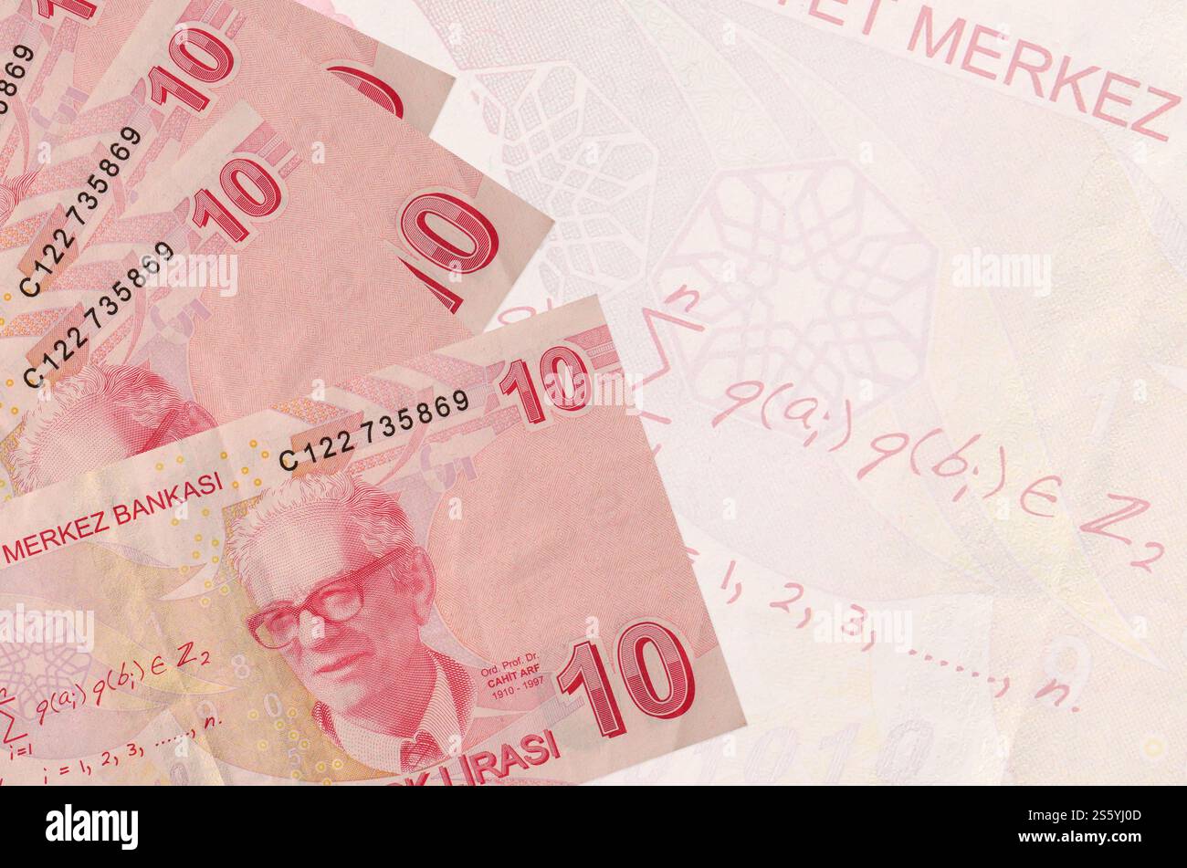 10 Turkish liras bills lies in stack on background of big semi ...
