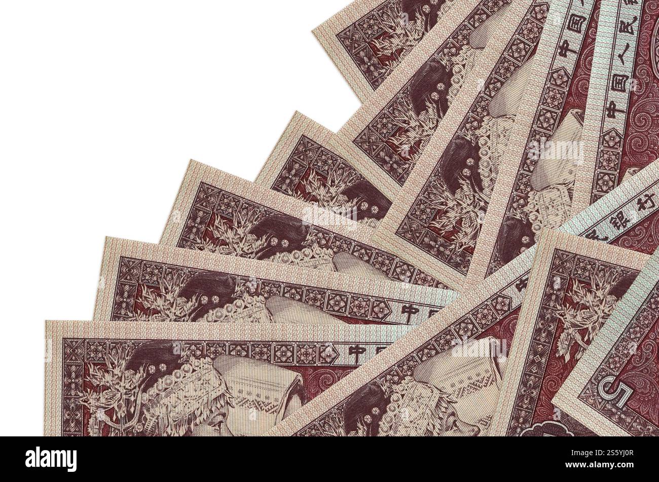 5 Chinese yuan bills lies in different order isolated on white. Local ...