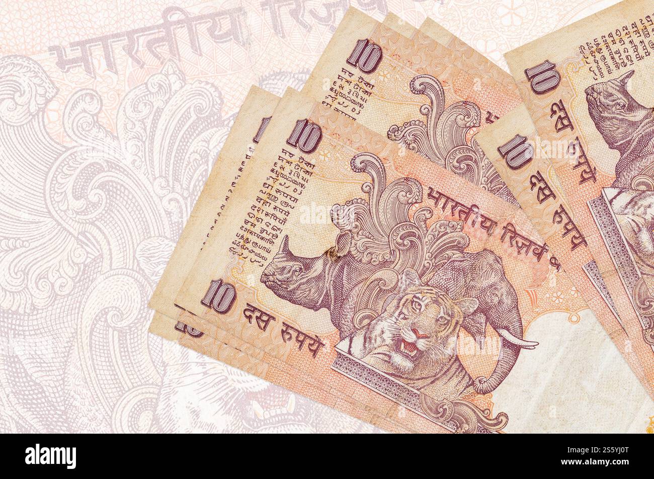 10 Indian rupees bills lies in stack on background of big semi ...