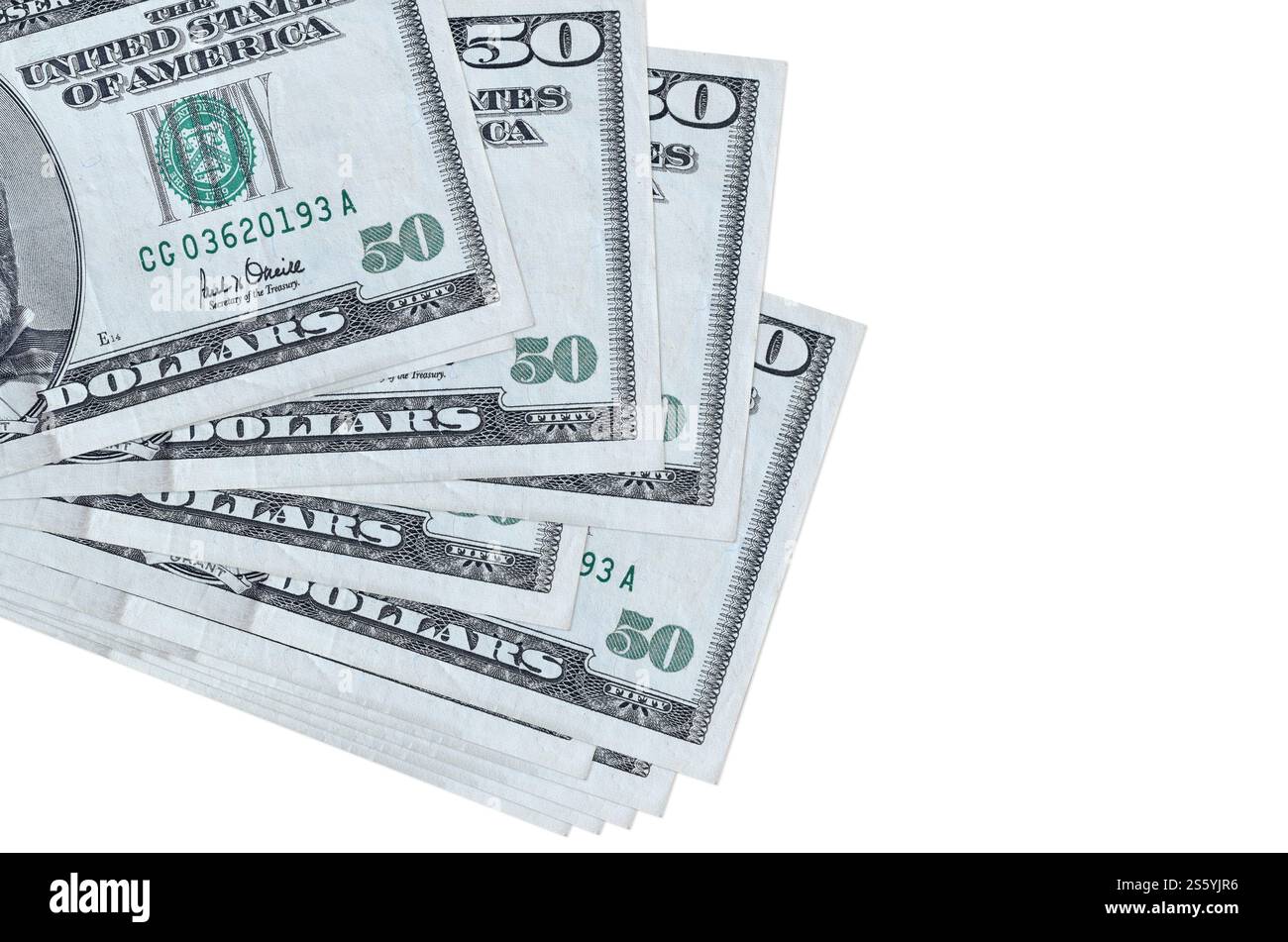50 US dollars bills lies in small bunch or pack isolated on white ...