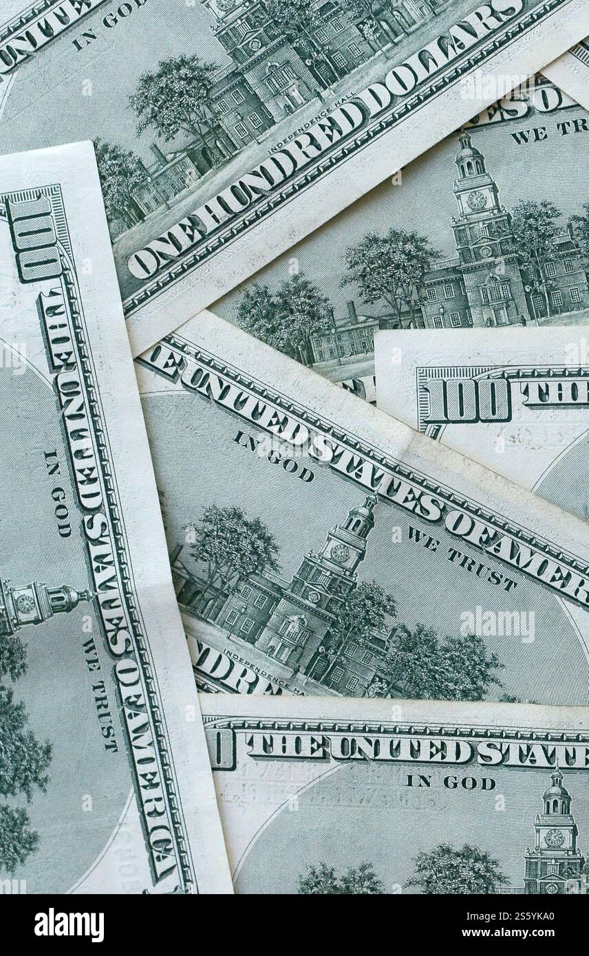 Background of 100 dollar bills. Abstract textured backdrop with many ...