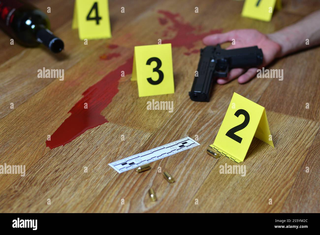 Bloody crime scene with dead body and gun on floor. Many crime scene ...