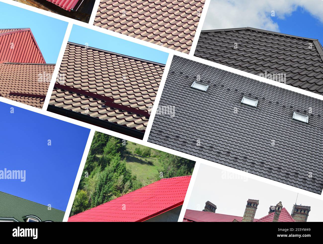 A collage of many pictures with fragments of various types of roofing ...