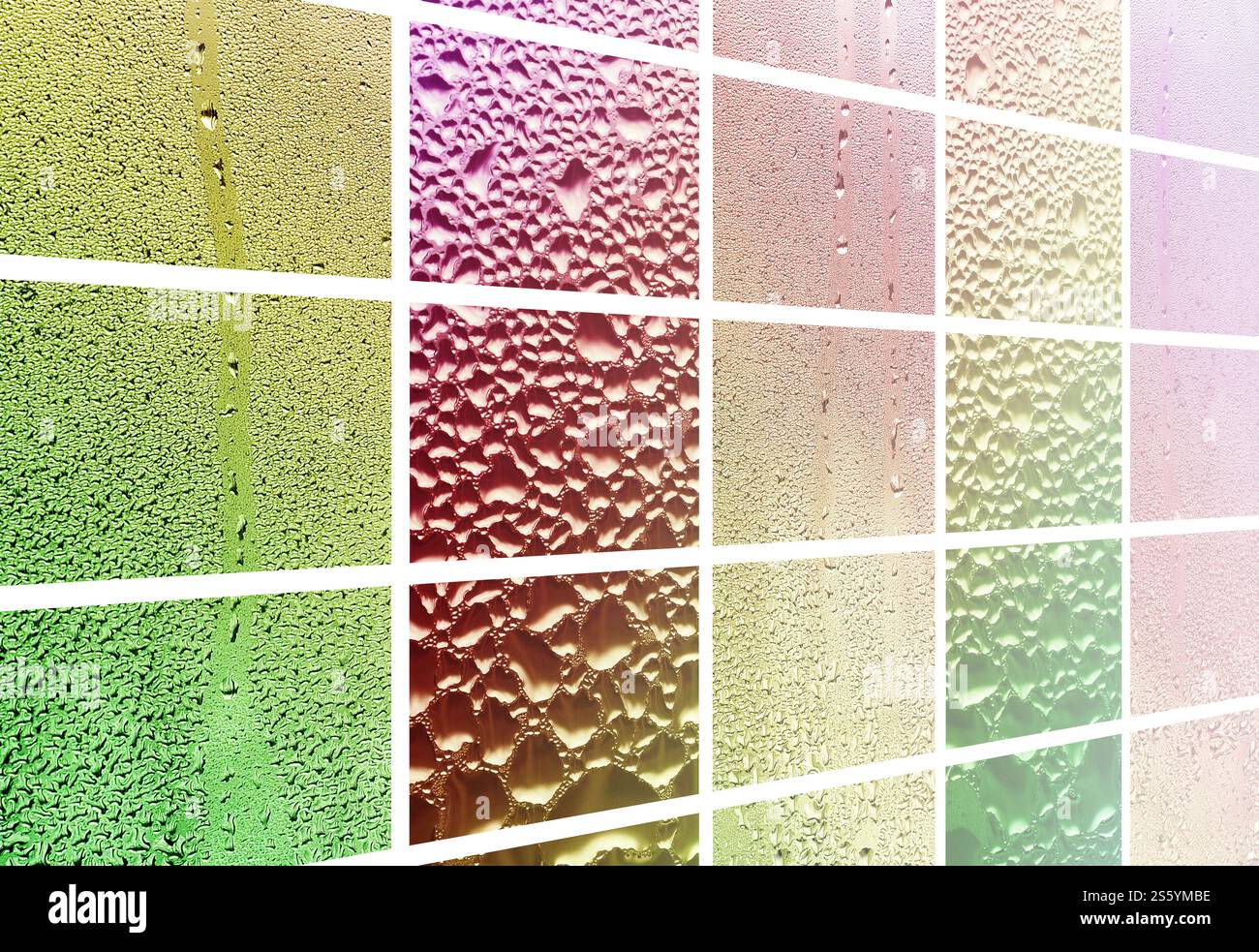 A collage of many different fragments of glass, decorated with rain ...
