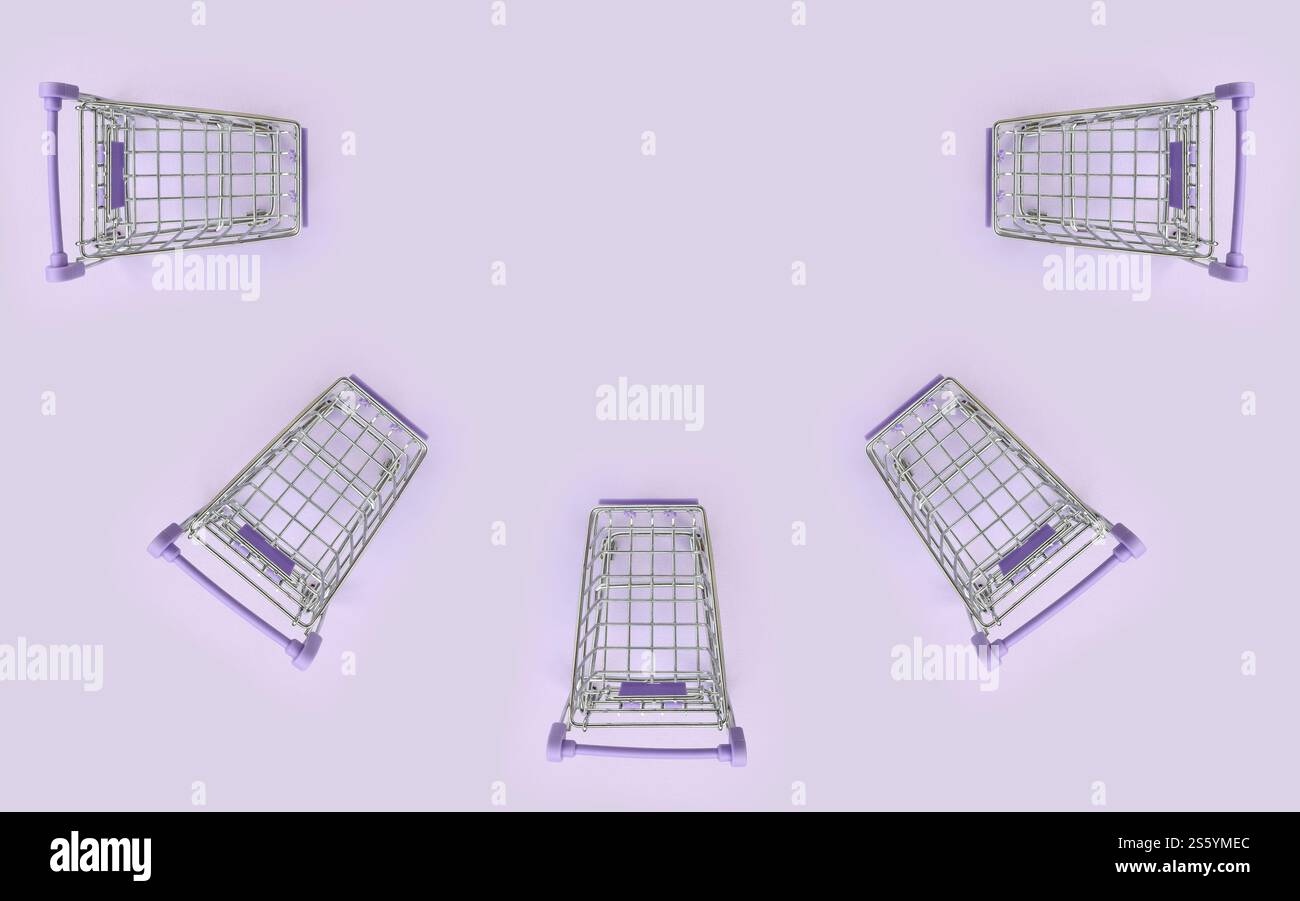 Pattern of many small shopping carts on a violet background. Minimalism ...